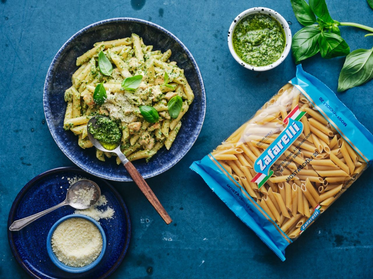 Mostaccioli with Creamy Pesto Chicken – Zafarelli Pasta