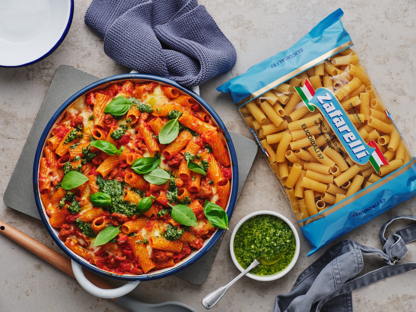 Elicoidali Spicy Sausage & Pesto Al Forno – Zafarelli Pasta